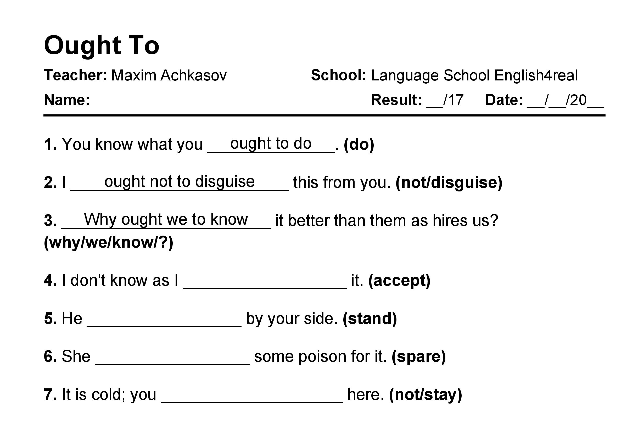 Ought To English Grammar Fill In The Blanks Exercises With Answers In PDF Ought To English Grammar Fill In The Blanks Exercises With Answers In PDF